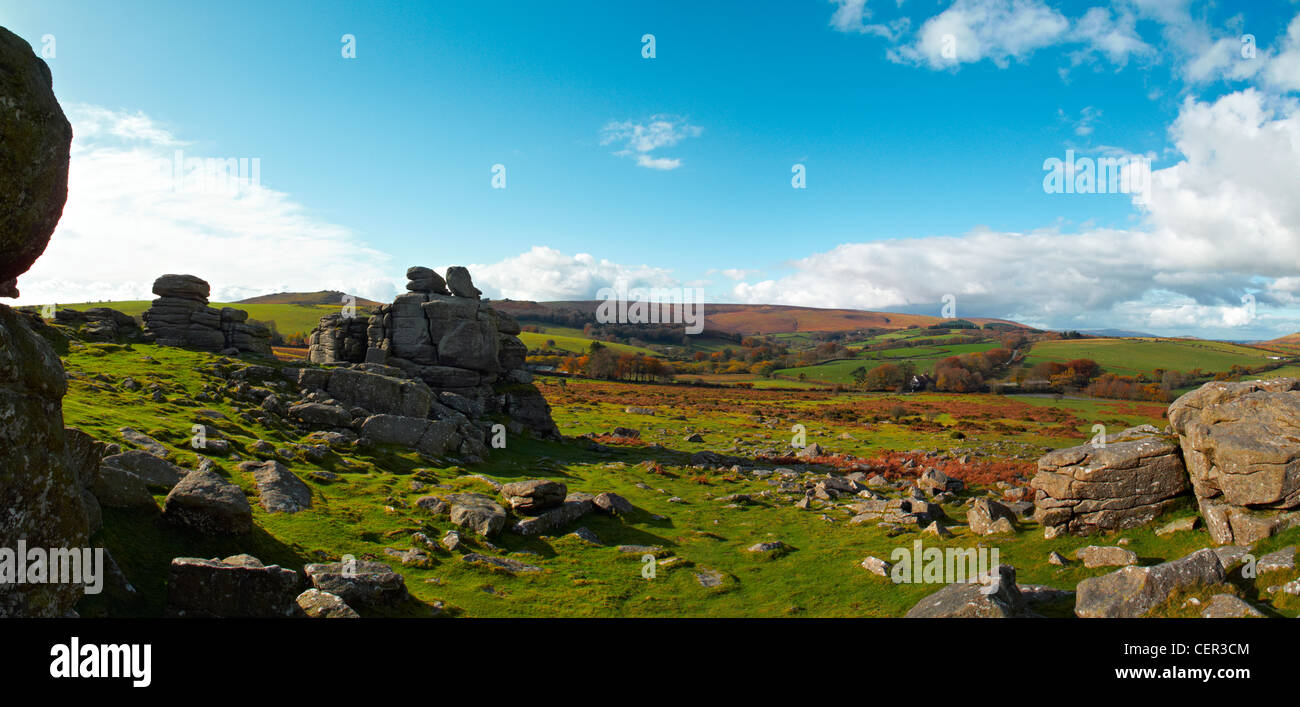 Panoramic view of Bonehill Rocks, a granite outcrop in the Dartmoor ...