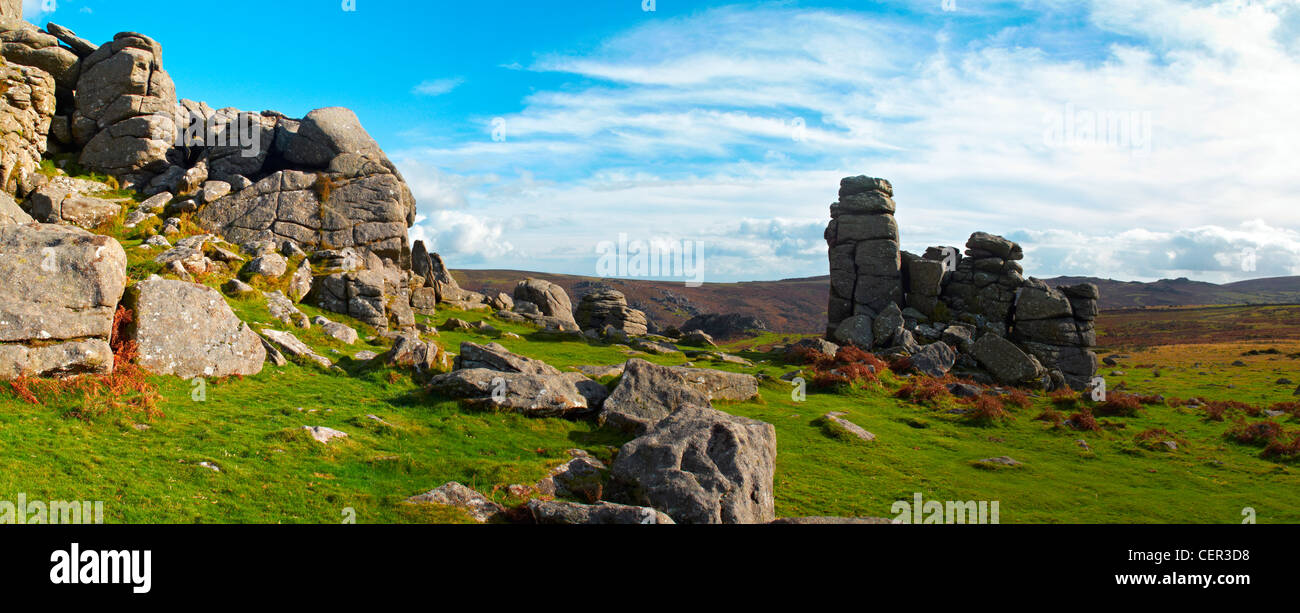 Panoramic view of Bonehill Rocks, a granite outcrop in the Dartmoor ...