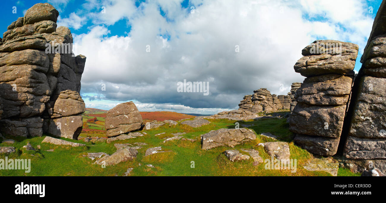 Panoramic view of Bonehill Rocks, a granite outcrop in the Dartmoor ...