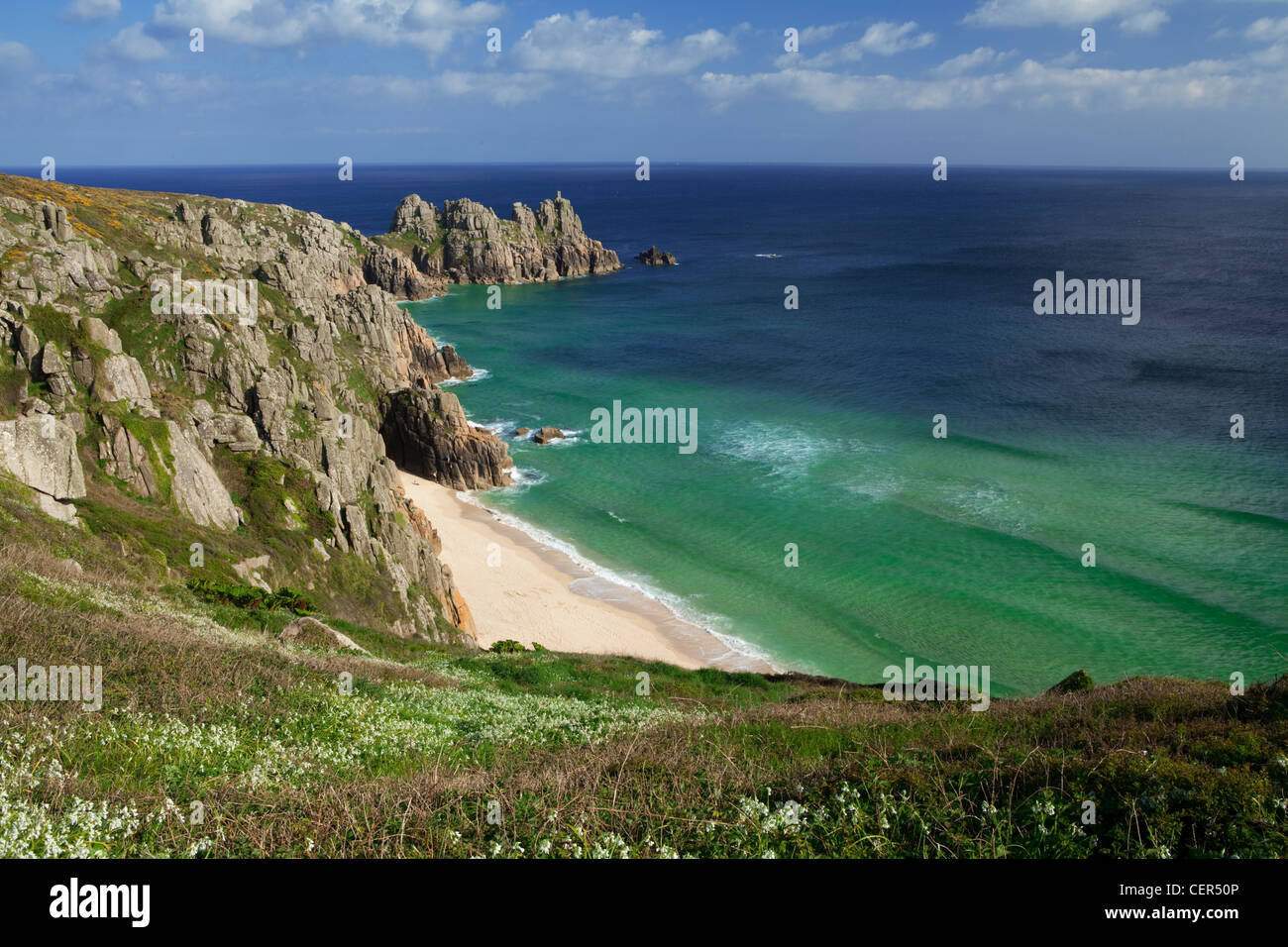 A view along the rocky headland towards Logan Rock from Treen cliffs ...