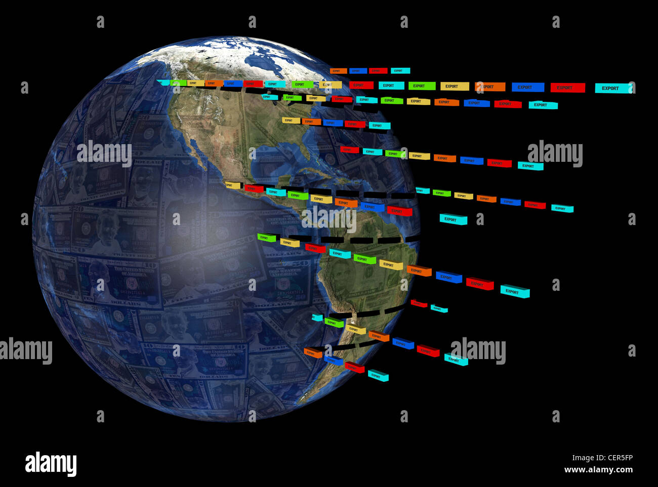 Export containers outwards from Earth Dollars globe illustration Stock ...
