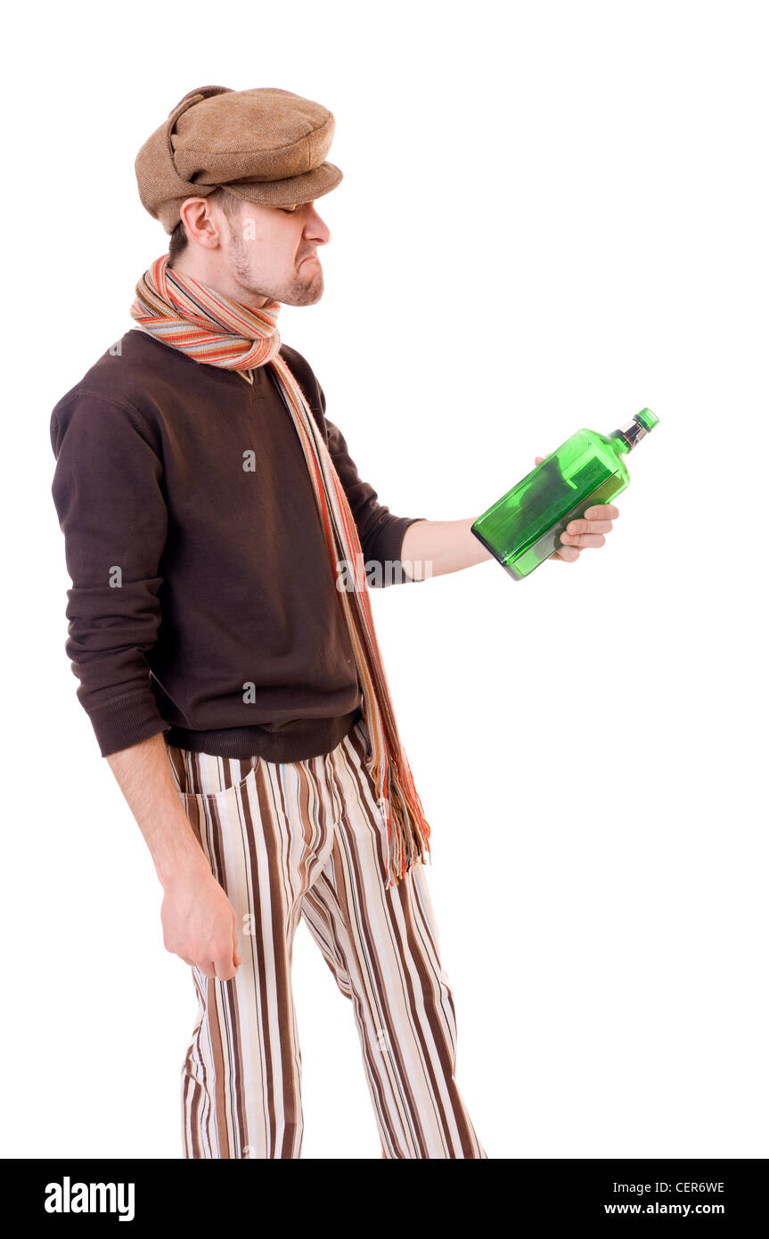 Cool young man with bottle isolated on white background Stock Photo - Alamy