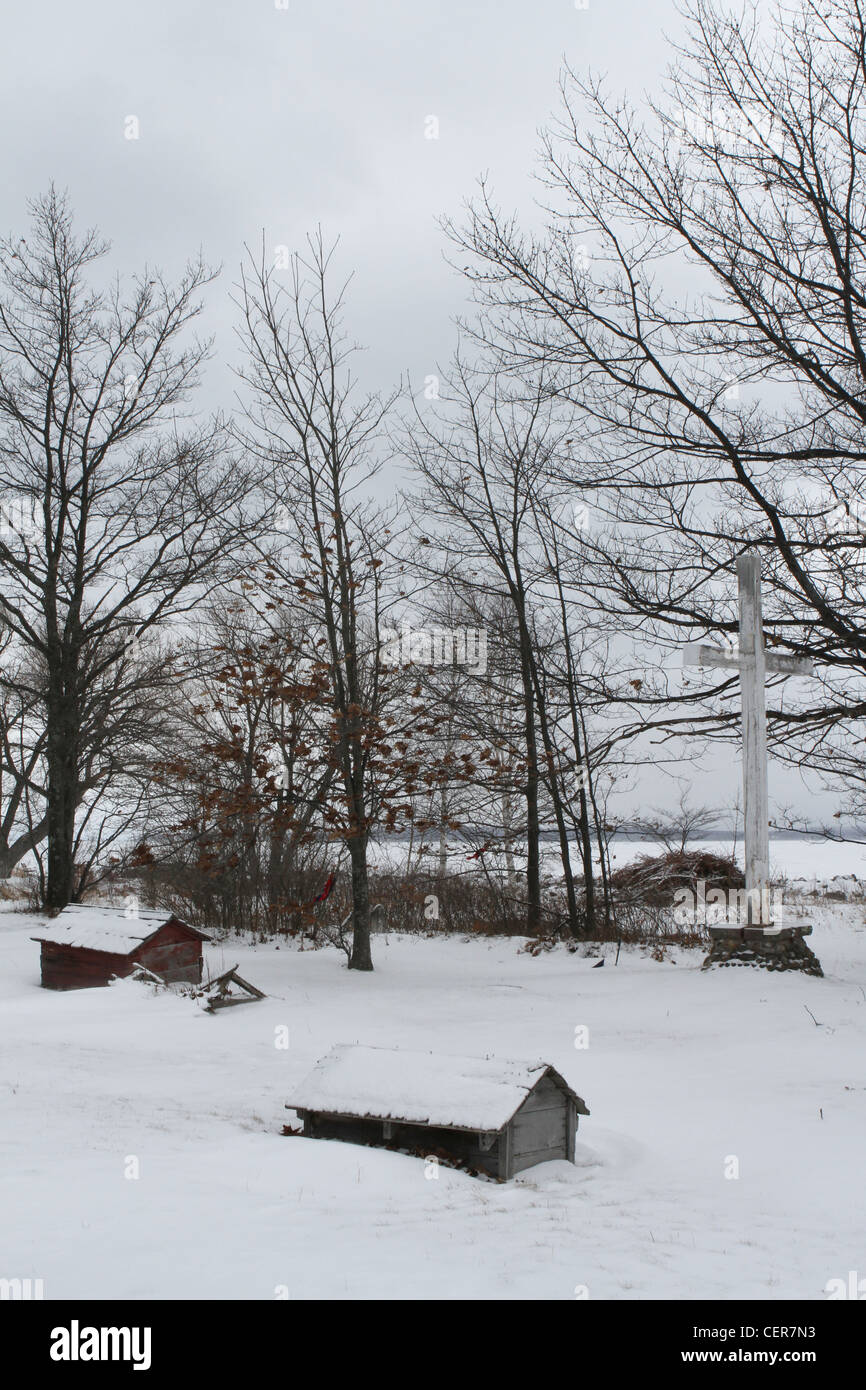 A Native American cemetery on Madeline Island, covered in snow Stock ...