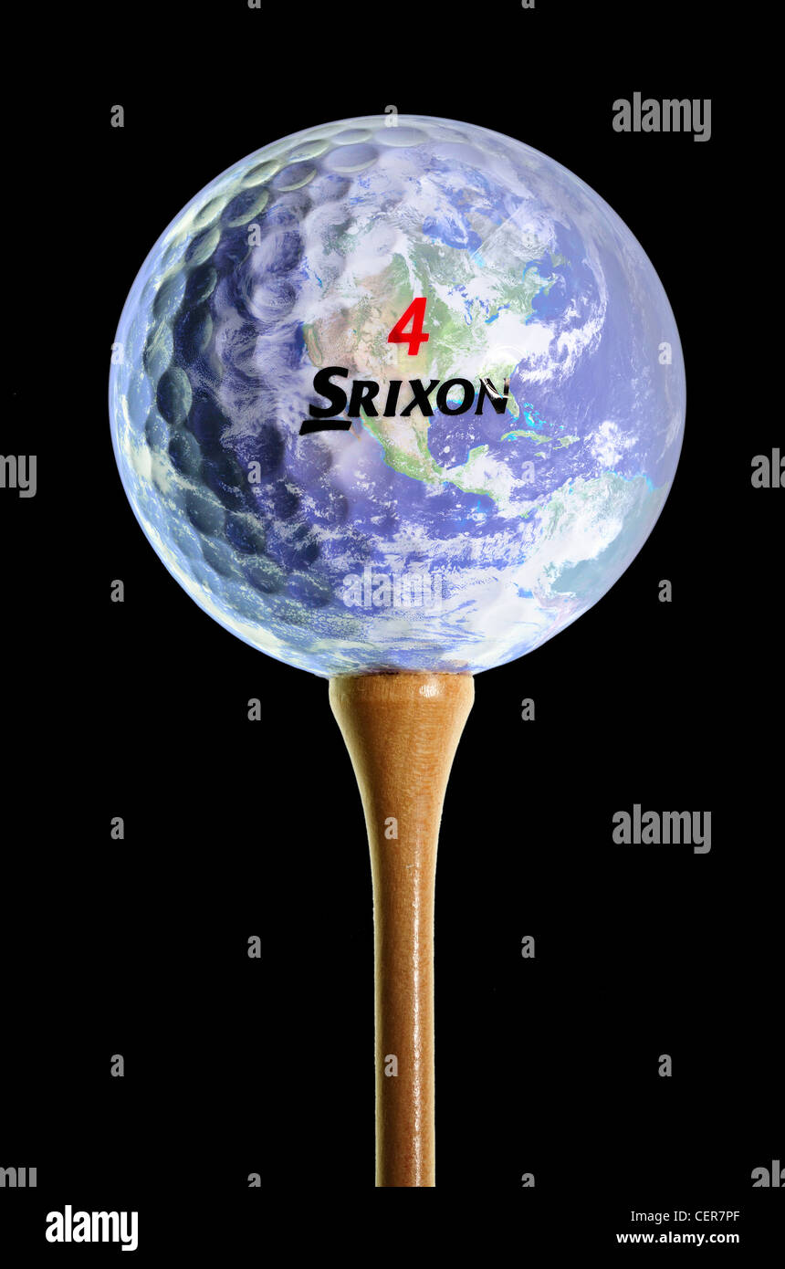 Golf ball on tee with planet earth imposed on ball Stock Photo - Alamy