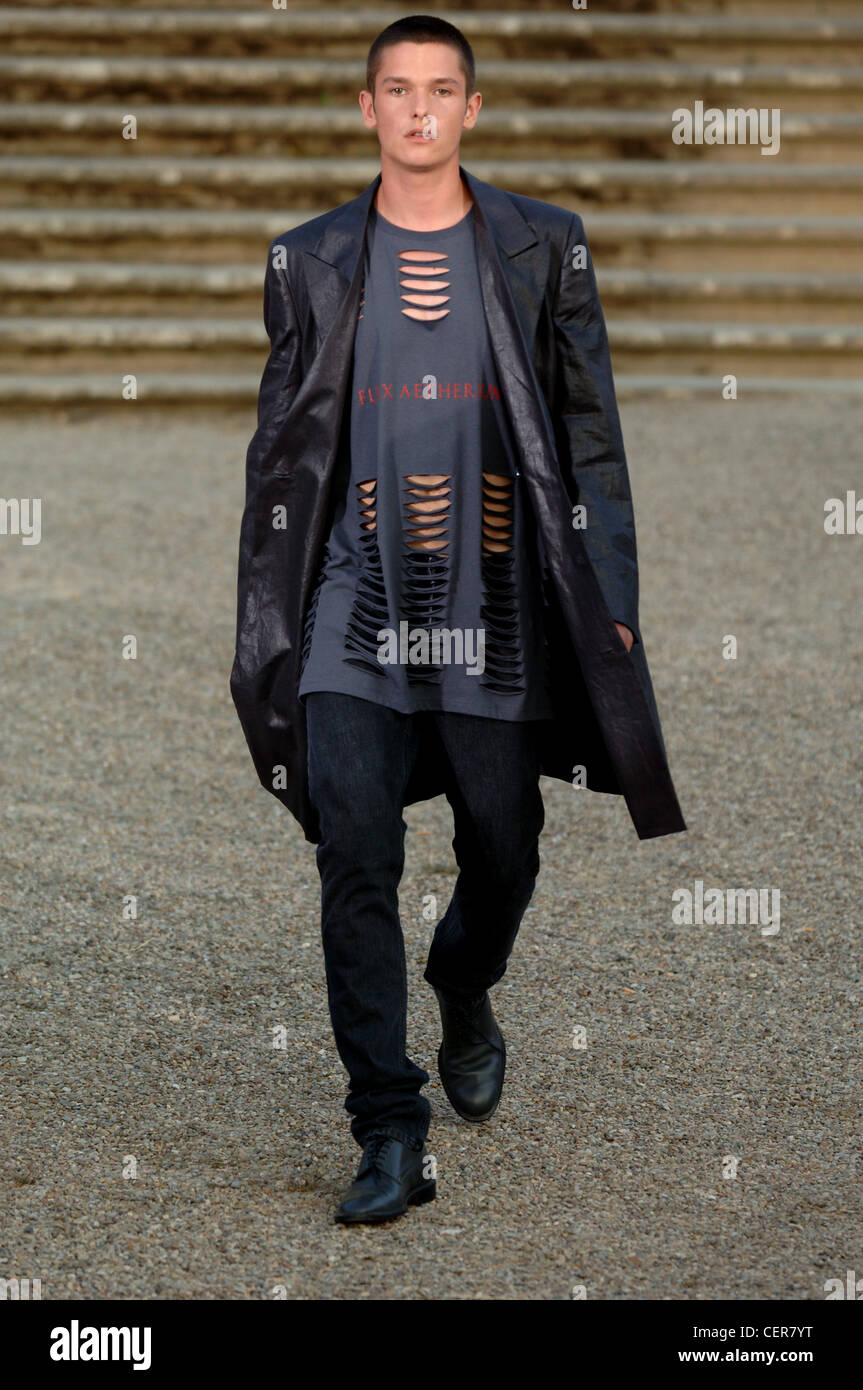 Raf Simons Milan Menswear S S Shaven head male wearing long navy blue ...