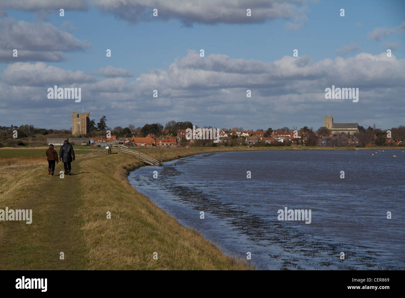 A view along the sea wall towards the fishing village of Orford with ...