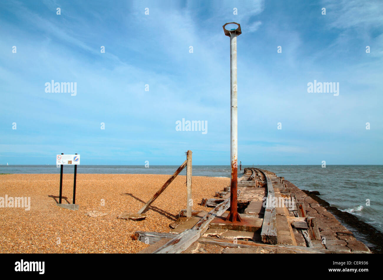 The remains of an old rail jetty at Landguard Point, the most southerly ...