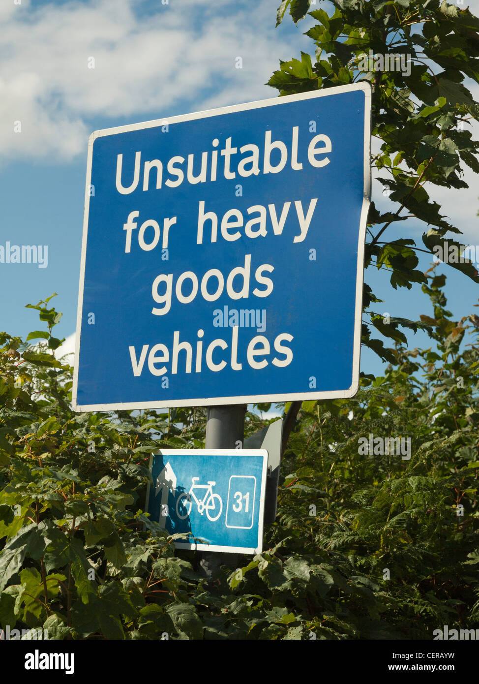 WARNING ROAD SIGN ON COUNTRY ROAD UNSUITABLE FOR TRUCKS WITH BICYCLE ...