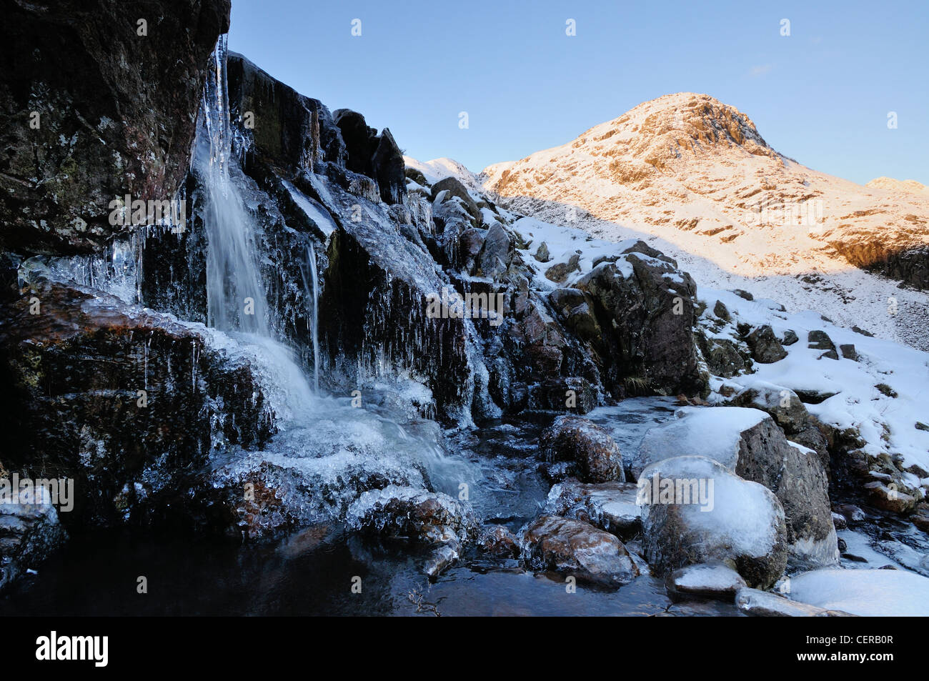 Frozen waterfall on Browney Gill with Great Knott of Crinkle Crags in ...