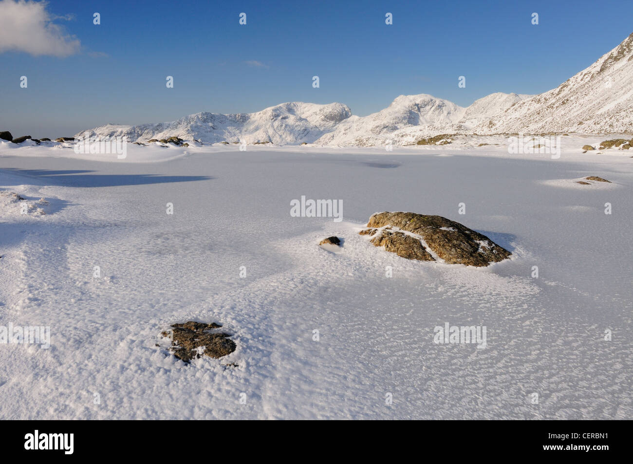 Frozen three tarns in the English Lake District, with Scafell and ...