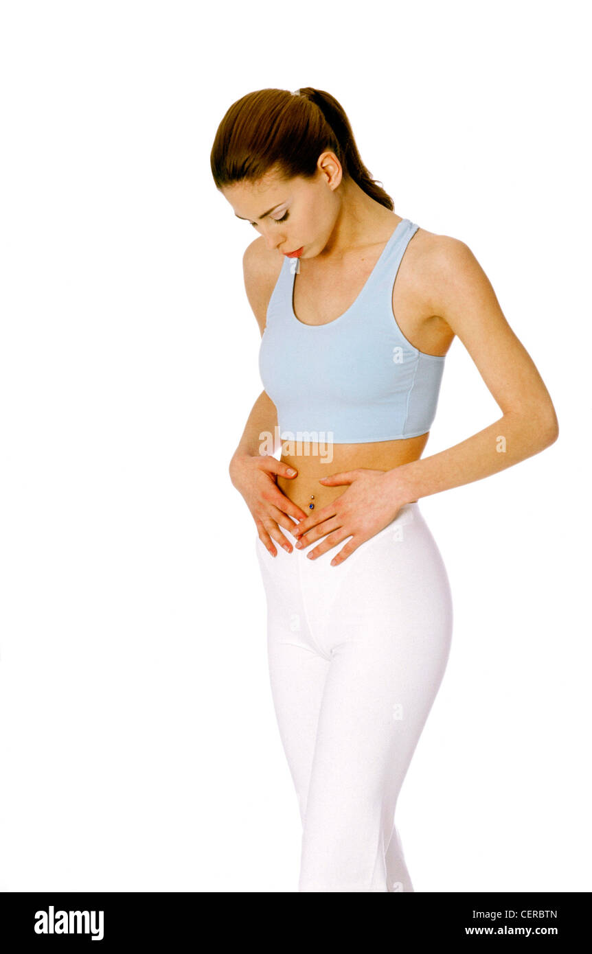 Female brunette hair, wearing a pale blue crop top and white leggings ...