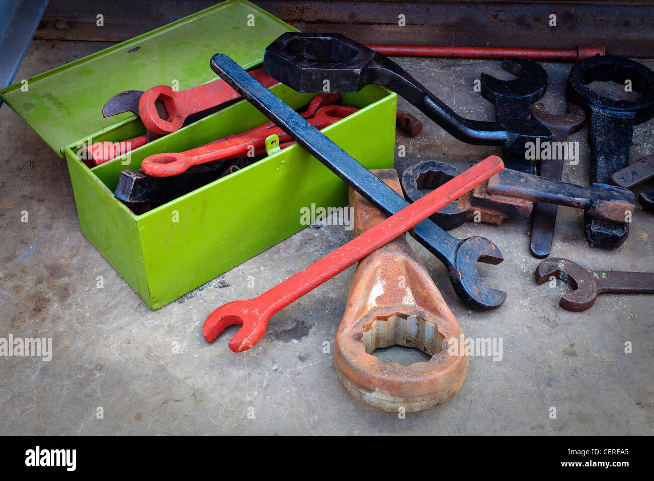 Metal tool box with outsize spanners, ring spanners and sockets used in ...
