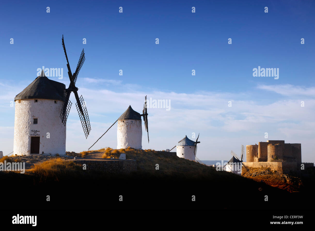 Windmills and castle, Consuegra, Toledo Province, La Mancha, Spain ...