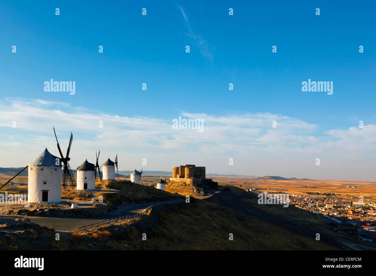 Windmills and castle, Consuegra, Toledo Province, La Mancha, Spain ...