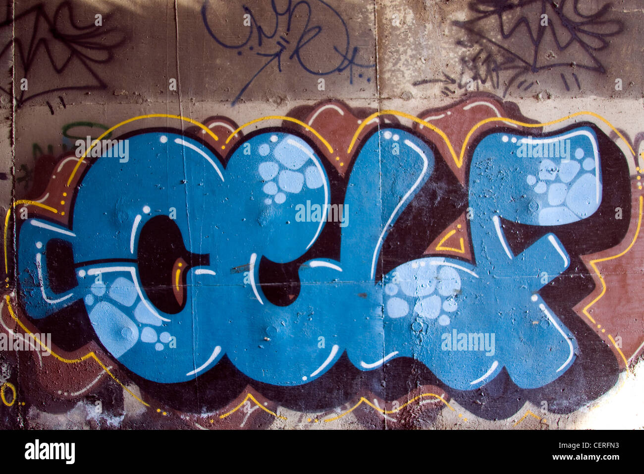 Graffiti art on a concert wall of a trashy abandoned street car road ...