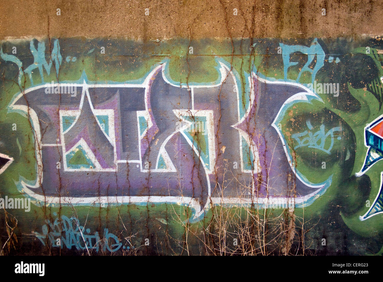 Graffiti art on a concert wall of a trashy abandoned street car road ...