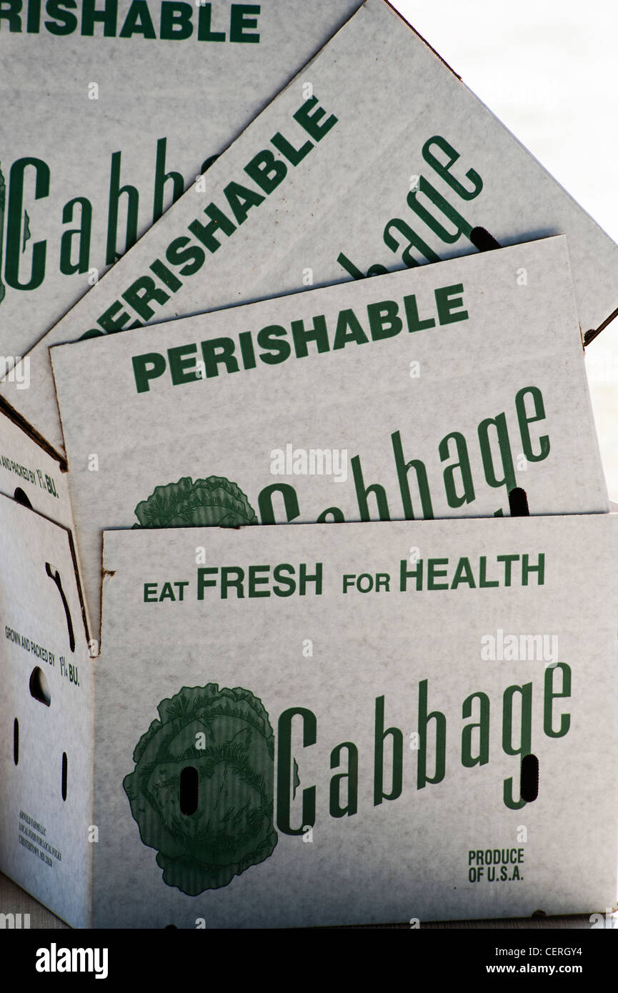 Produce boxes with text on them Stock Photo - Alamy