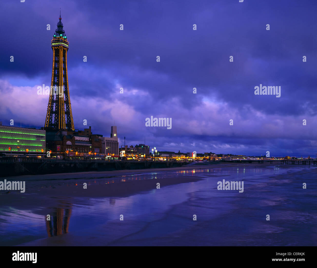 Reflections on the beach from Blackpool Illuminations Stock Photo - Alamy