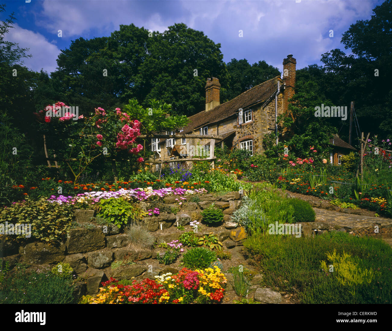 A cottage with flowers in full bloom in the garden Stock Photo - Alamy