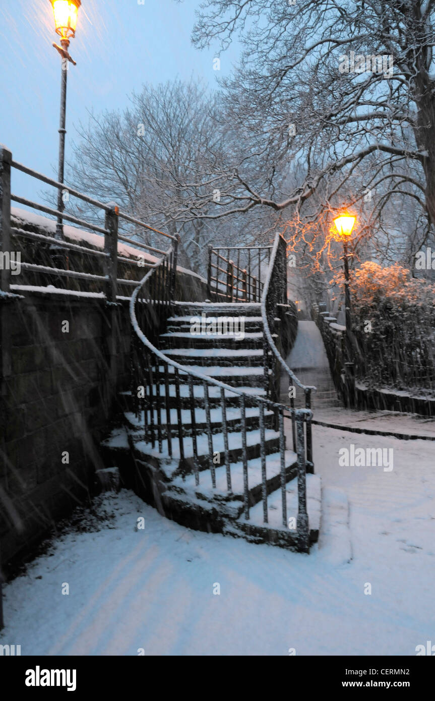Chester in the Snow showing curved steps which lead onto the Roman ...