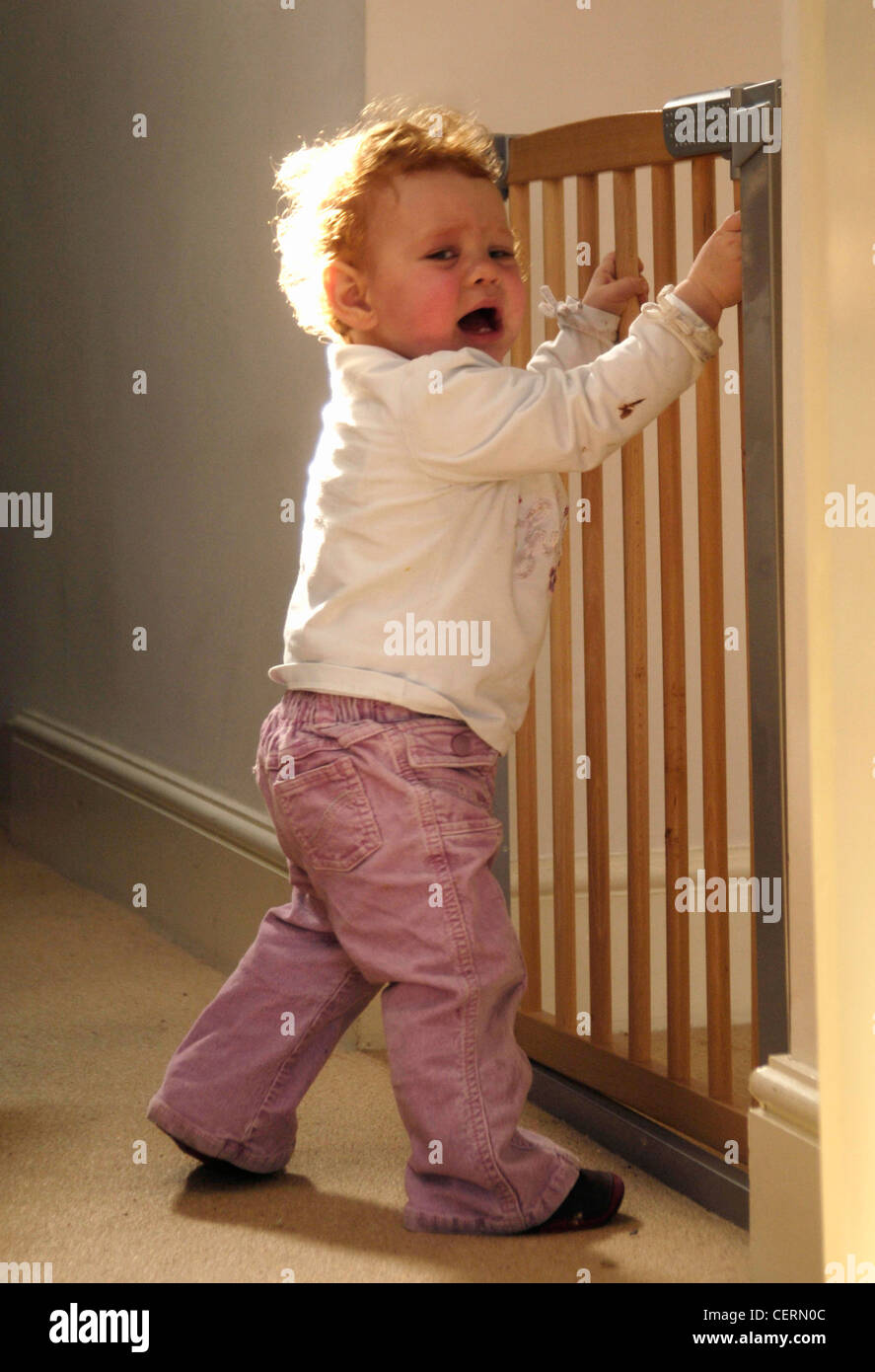 Toddler holding onto stair gate crying Stock Photo - Alamy
