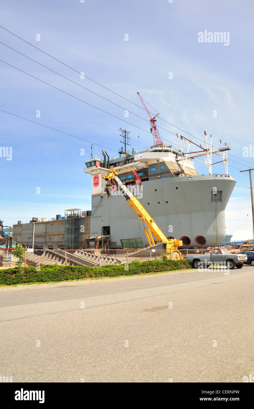 View of starboard side of a large ocean-going ship in dry dock in ...