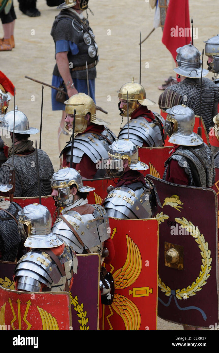 Roman Gladiators and soldiers at a re enactment in the roman ...