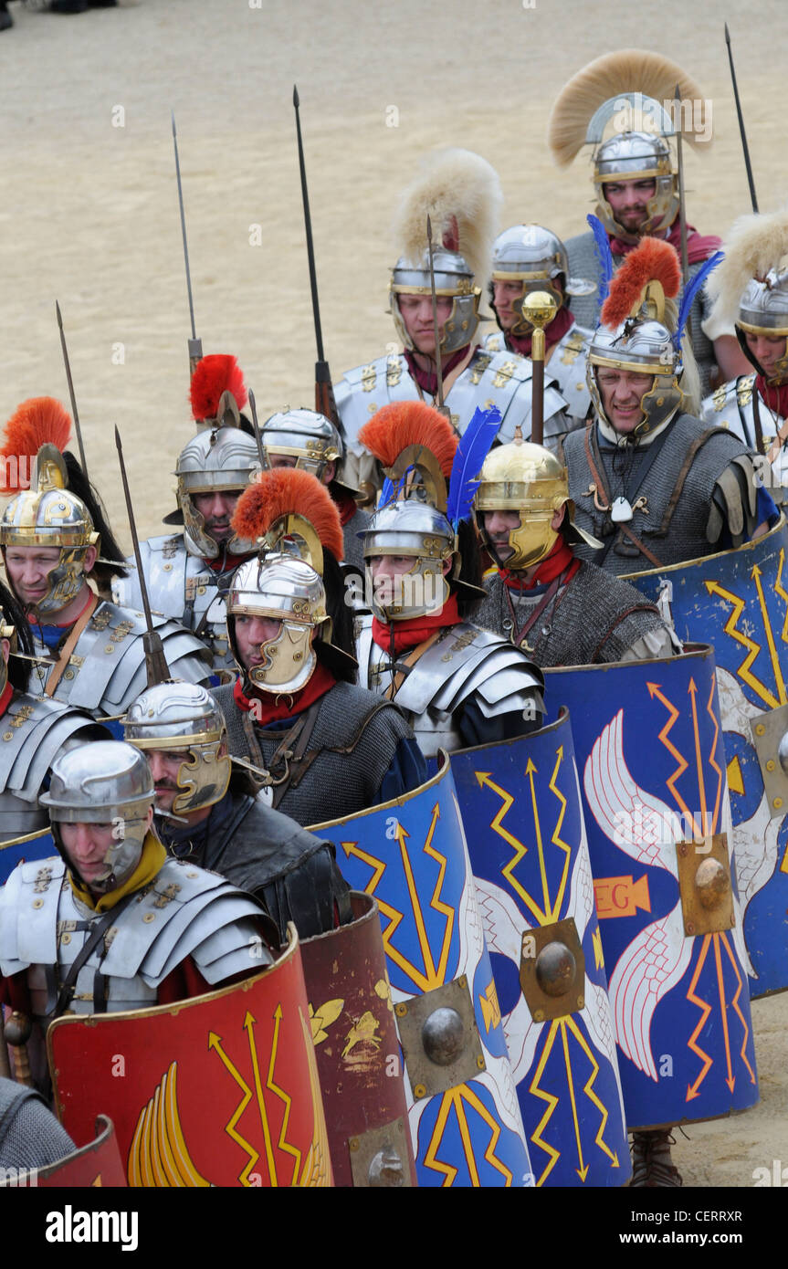 Roman soldiers at the scene of a re enactment at the roman amphitheatre ...