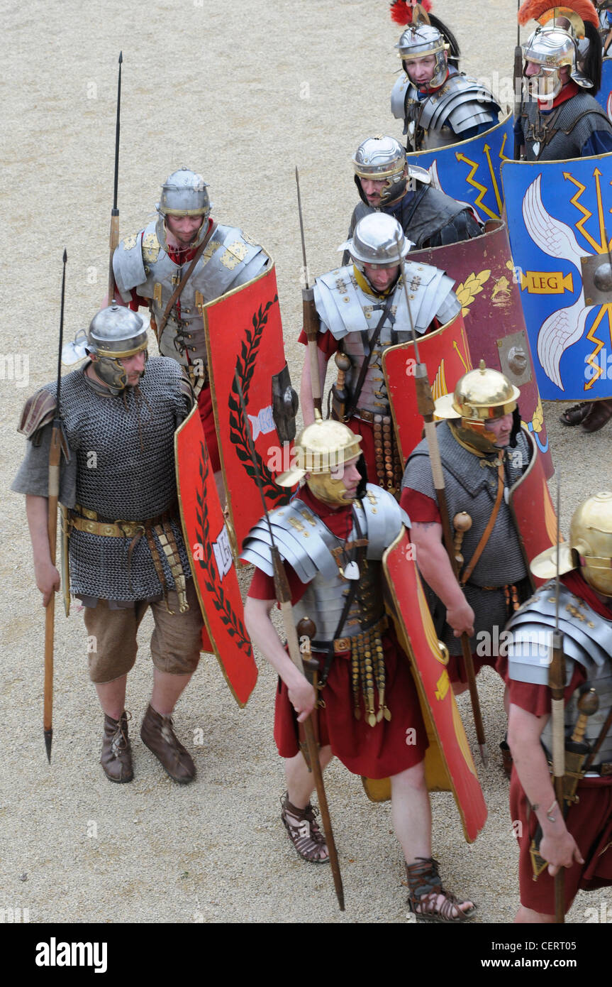Roman soldiers at the scene of a re enactment at the roman amphitheatre ...