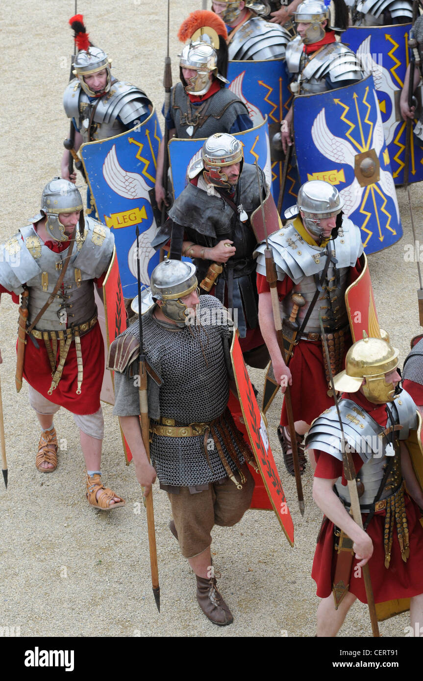 Roman soldiers at the scene of a re enactment at the roman amphitheatre ...