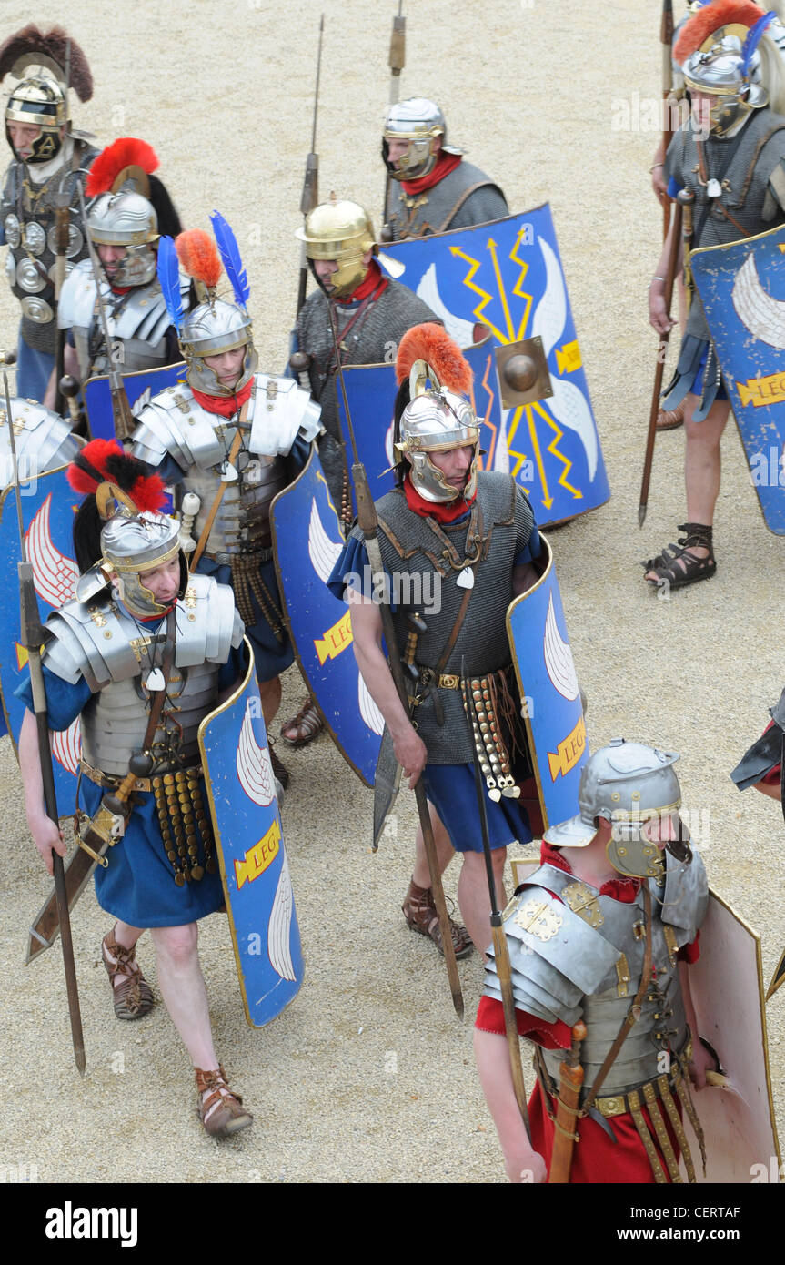 Roman soldiers at the scene of a re enactment at the roman amphitheatre ...