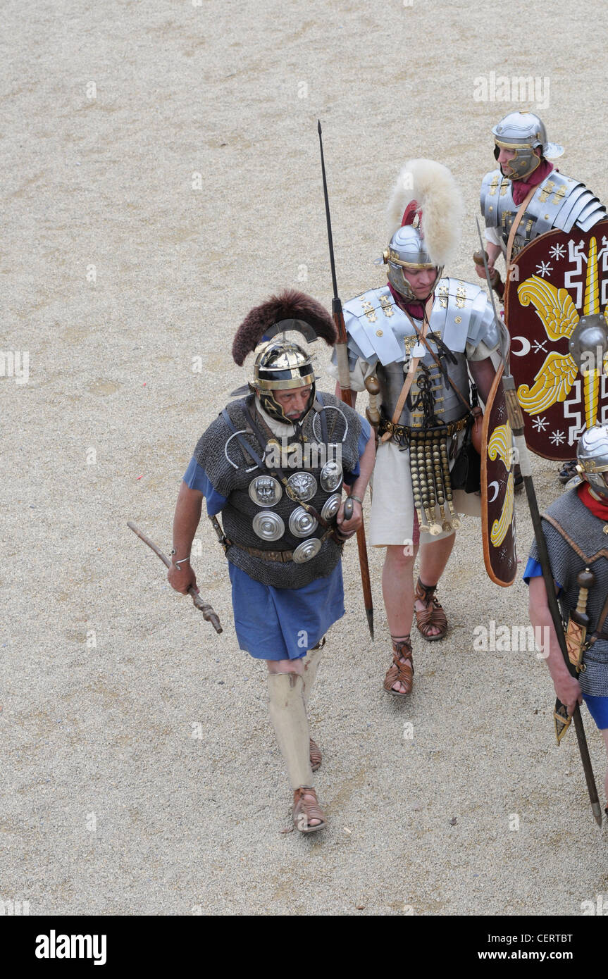 Roman soldiers at the scene of a re enactment at the roman amphitheatre ...