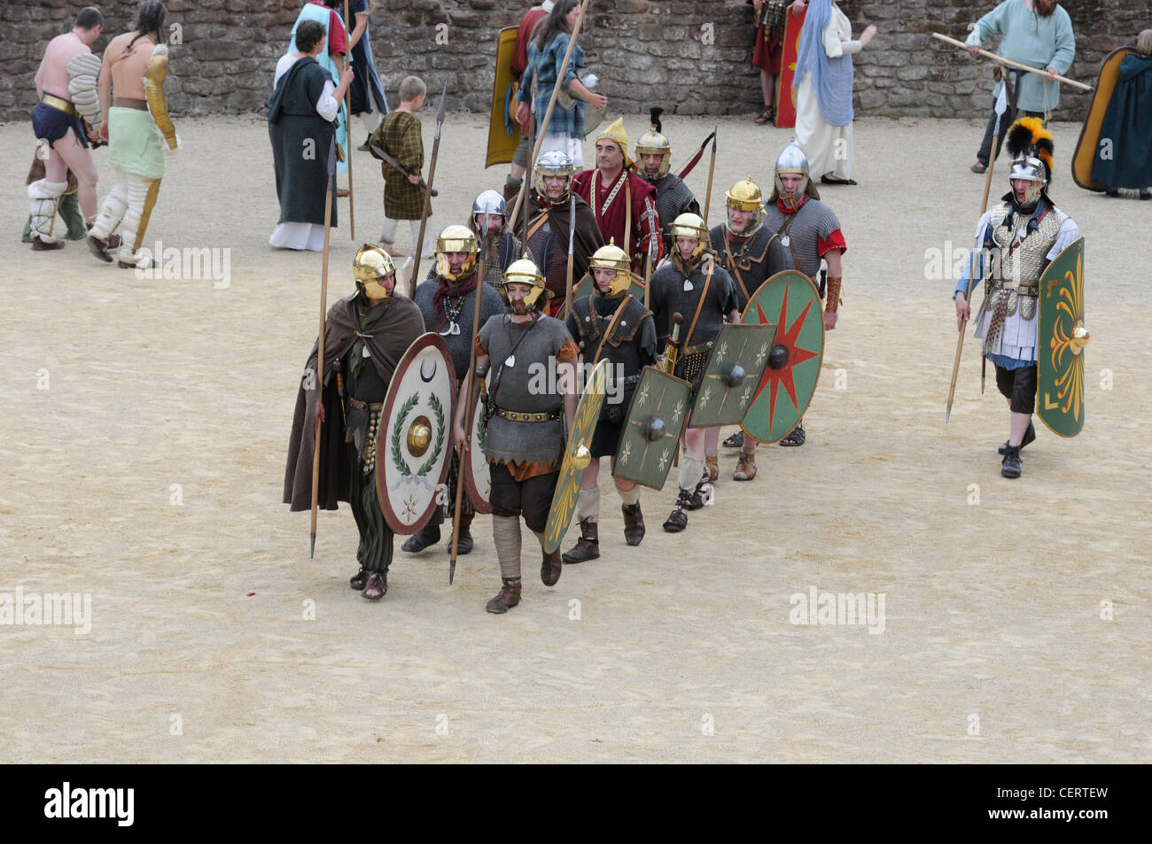 Roman soldiers at the scene of a re enactment at the roman amphitheatre ...
