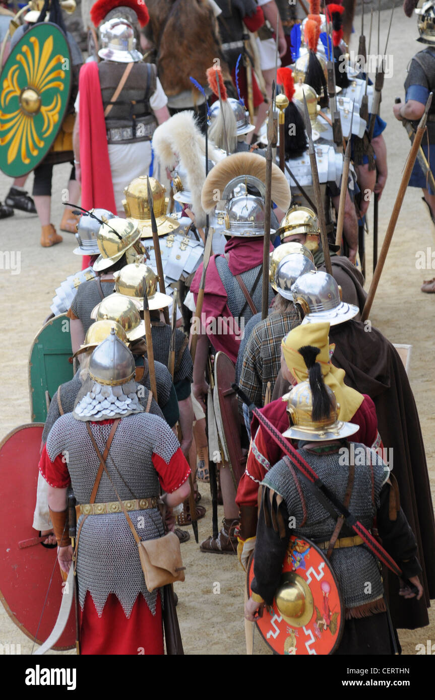 Roman soldiers at the scene of a re enactment at the roman amphitheatre ...