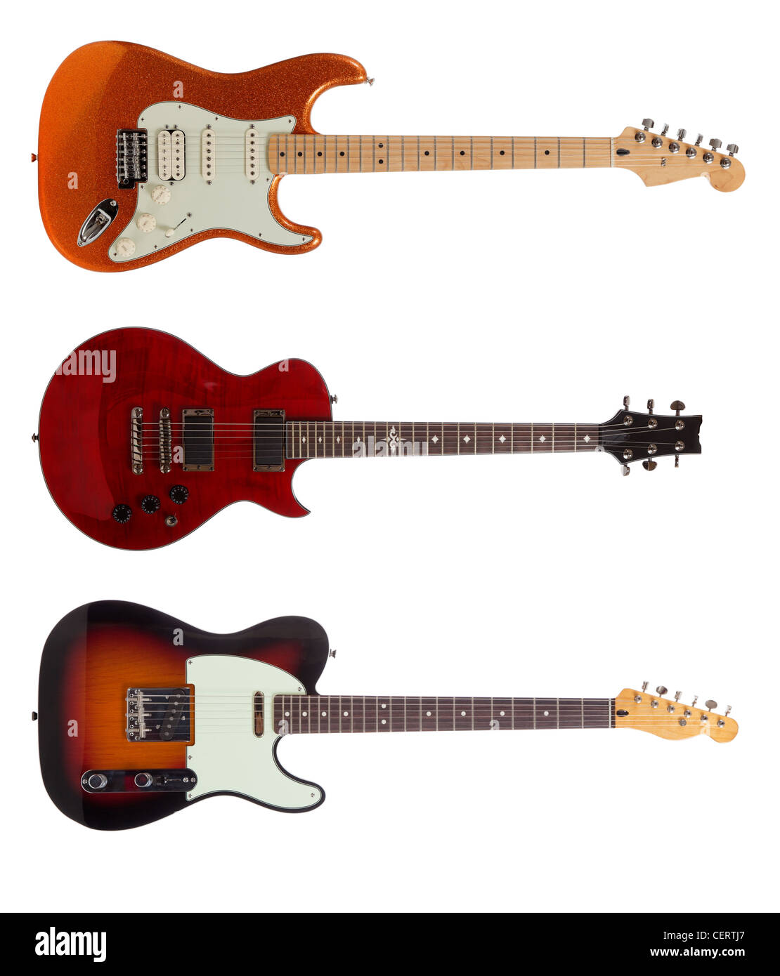 A group of three electric guitars on a white background Stock Photo - Alamy