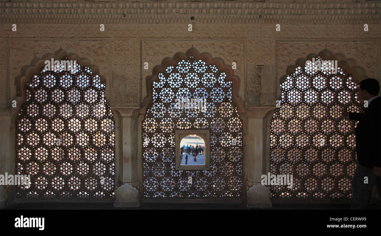 India, Rajasthan, Jaipur, Amber, Fort, carved stone windows, jalis ...