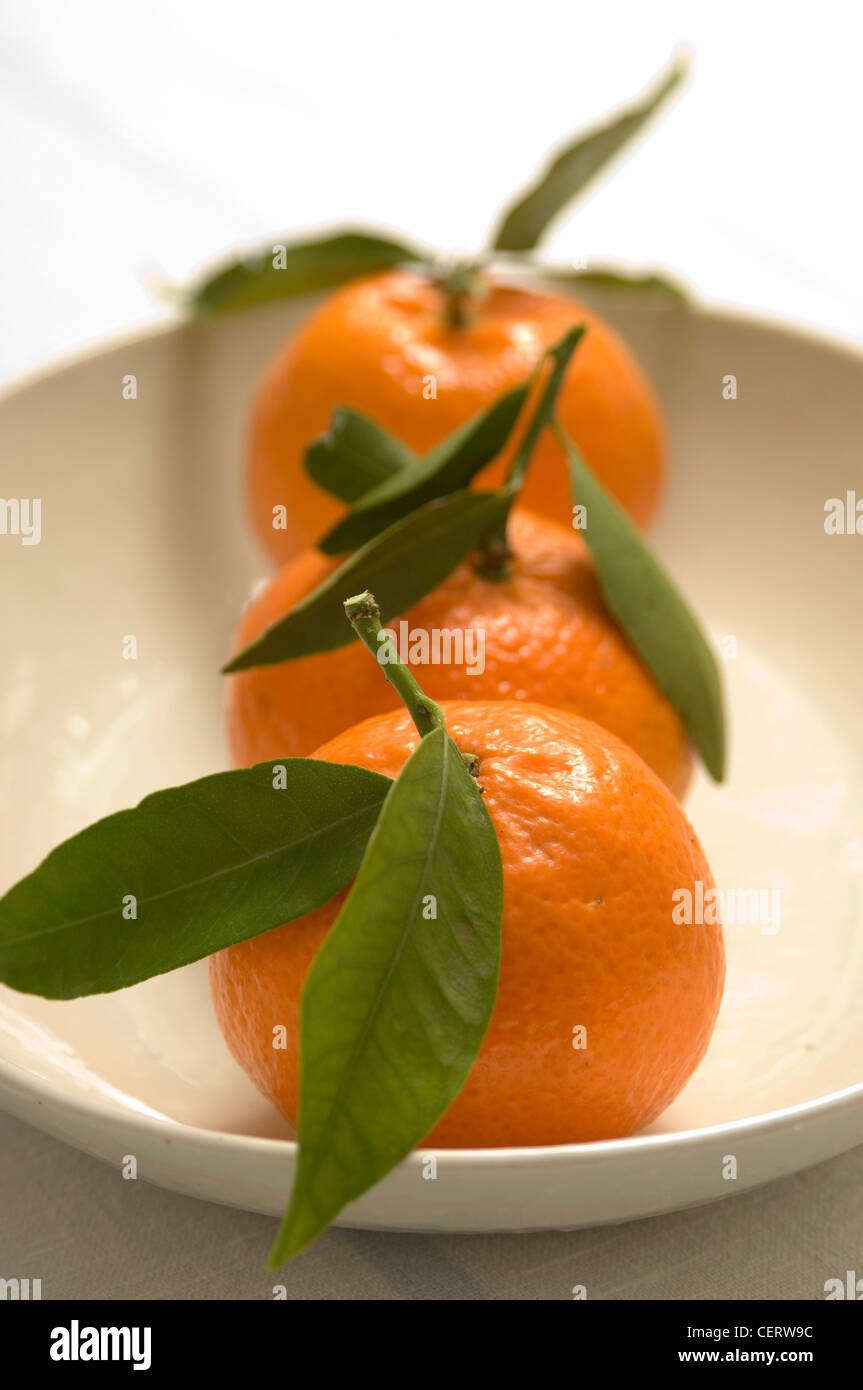 Three whole oranges with leaves, on a white plate, on a white table ...