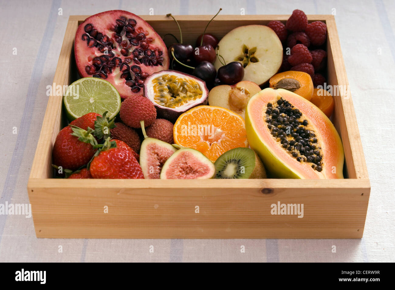 A still life of tropical fruits in a wooden box Stock Photo - Alamy