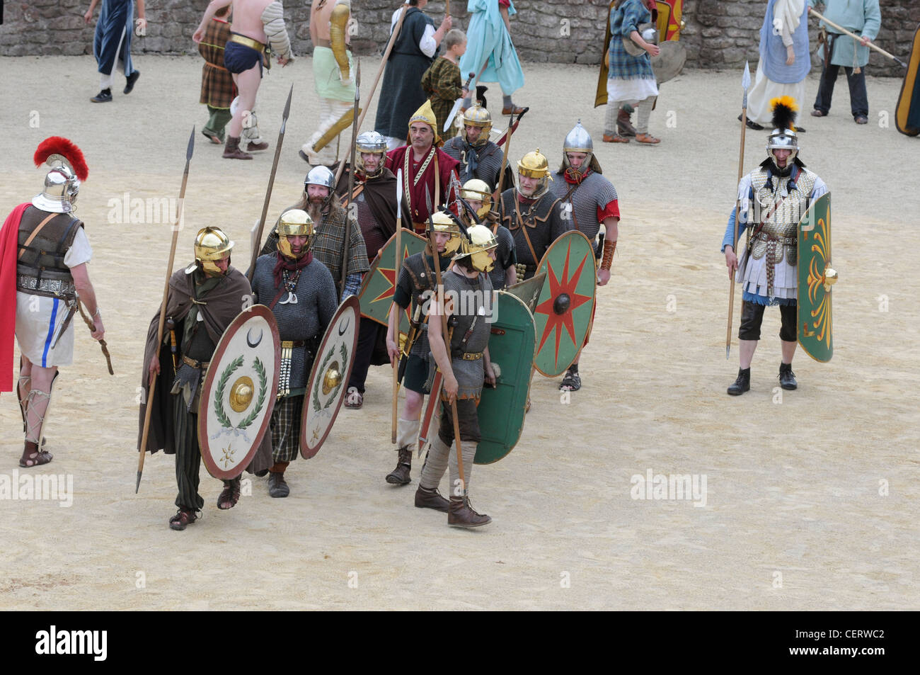 Roman soldiers at the scene of a re enactment at the roman amphitheatre ...