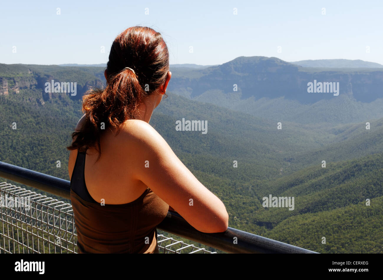 A young woman looking out over the Blue Mountains, Australia Stock ...