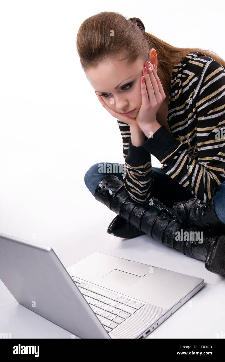 woman with a laptop on an isolated background Stock Photo - Alamy