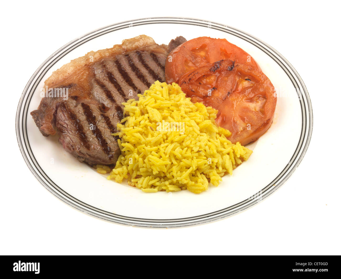Freshly Grilled Sirloin Steak with Rice And Sliced Tomato Served On A ...
