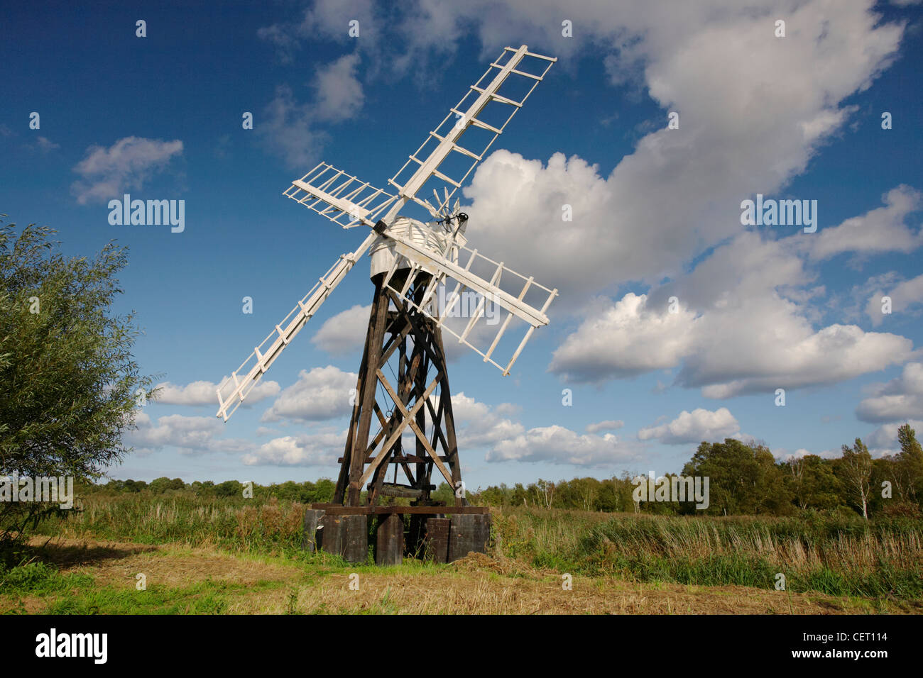 Boardmans traditional open framed timber windmill on the Norfolk Broads ...