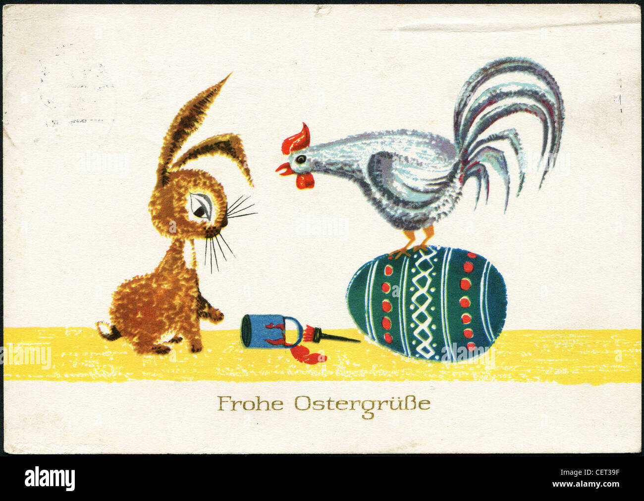 Postcard printed in the GDR shows a rabbit, chicken and eggs are ...