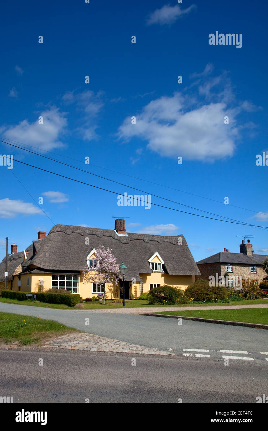 Thatched cottages in the village of Cockfield. The village has been ...