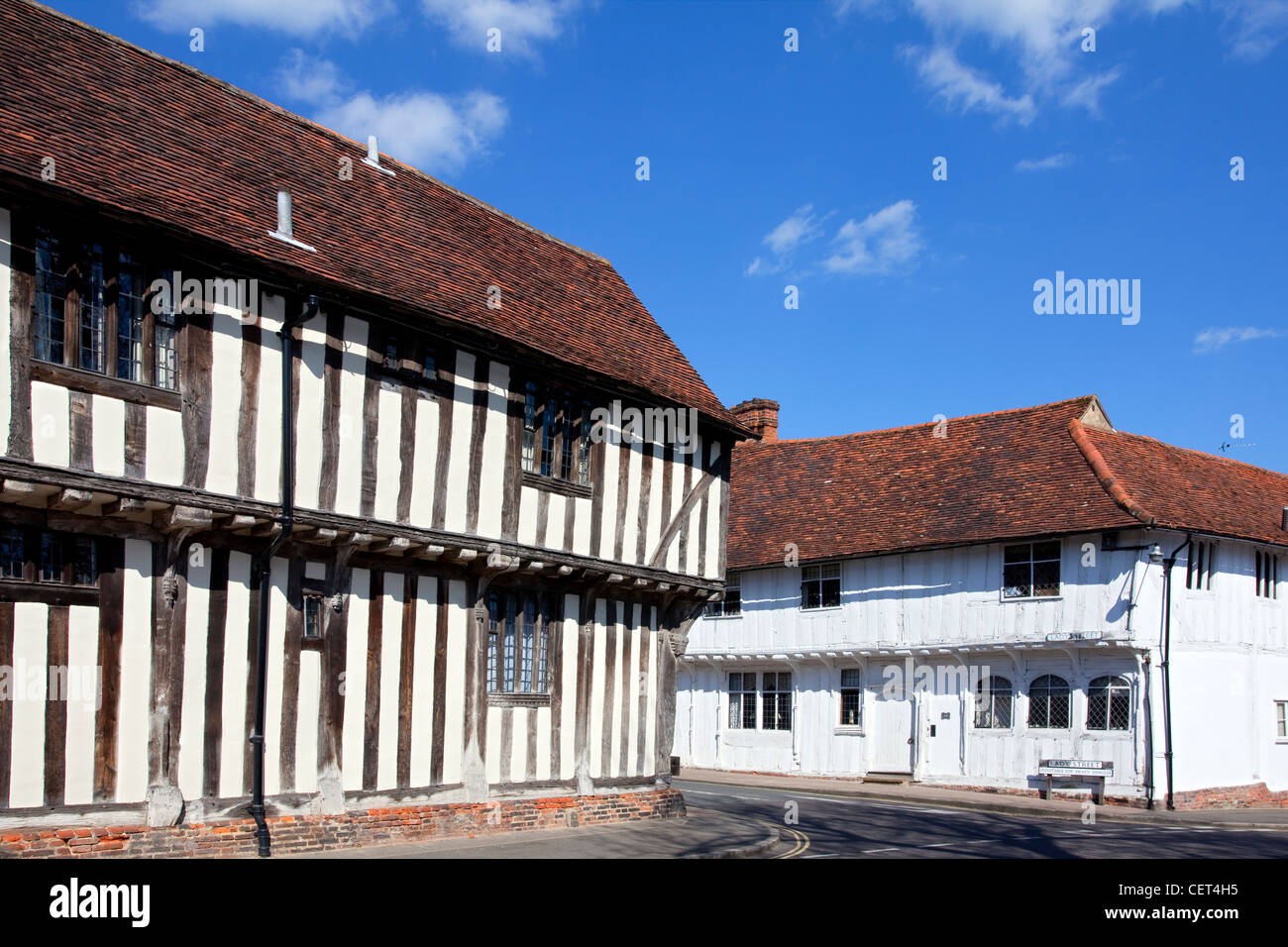 Half-timbered medieval buildings in the historic village of Lavenham ...