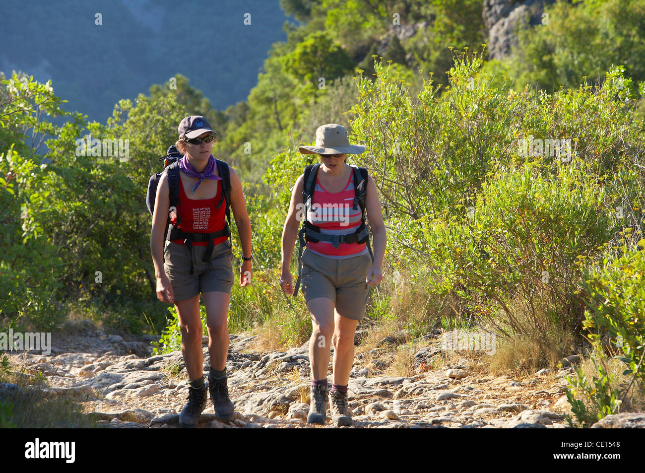 two women hikers, Gorge de l'Herault, Languedoc, France. (MR Stock ...