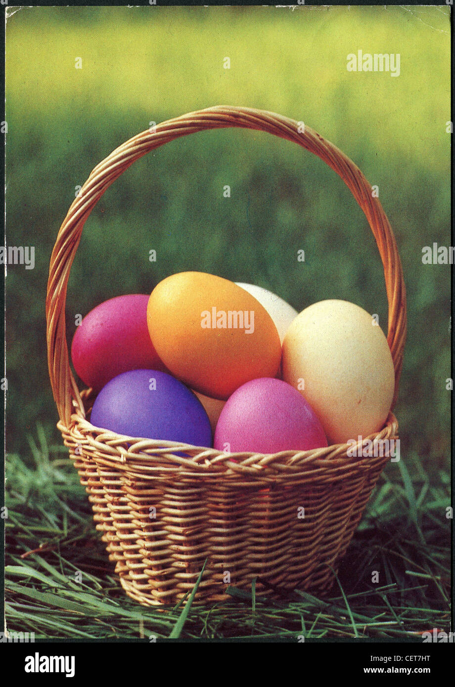 GERMANY - CIRCA 1984: Easter postcard printed in the GDR shows a wicker ...