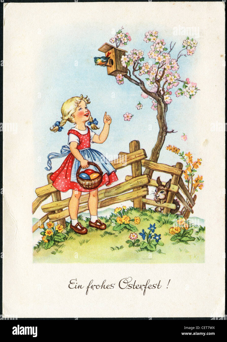 Easter postcard printed in Austria, show a little girl with a basket ...