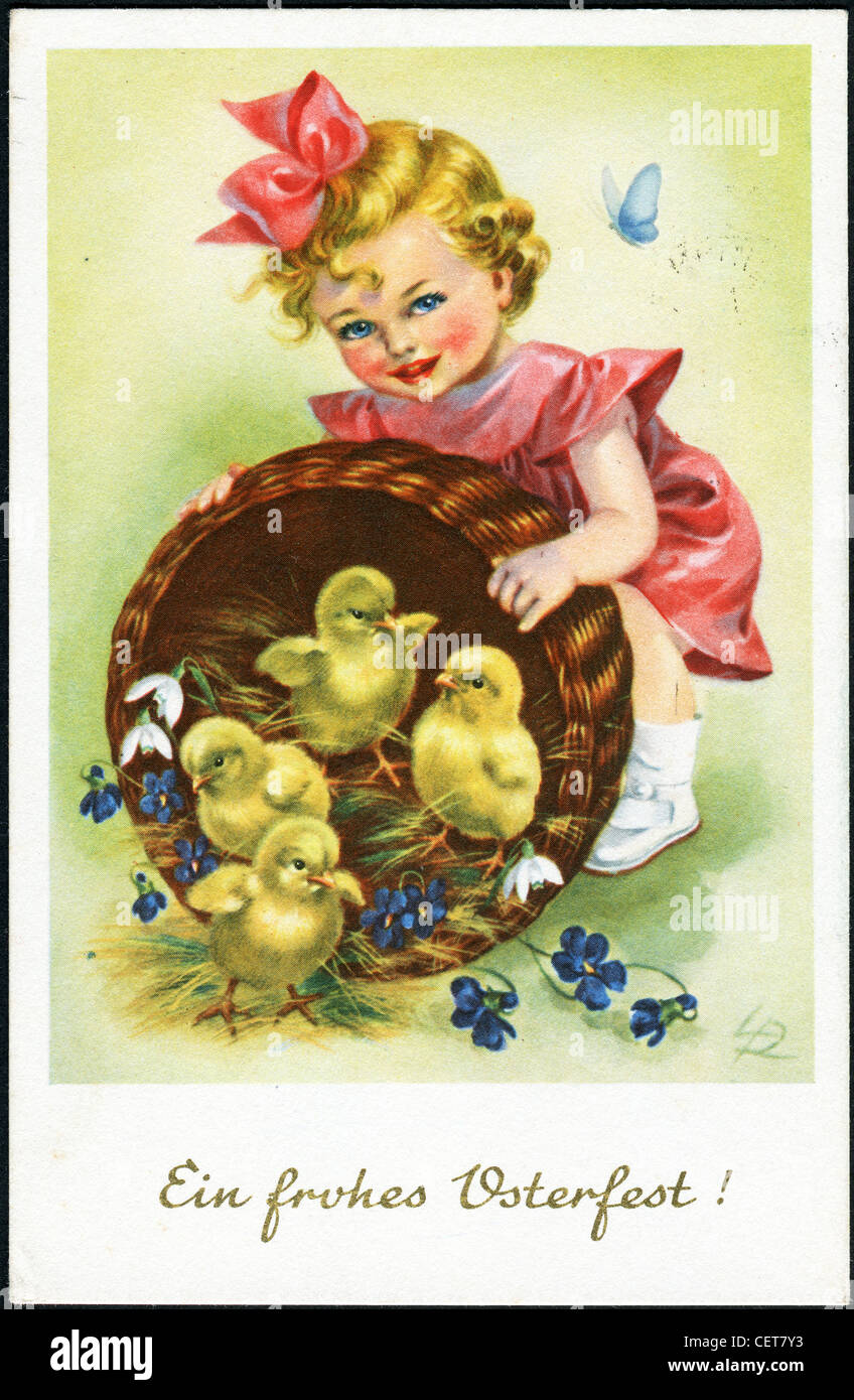 Easter postcard printed in Austria, shows a little girl with a basket ...